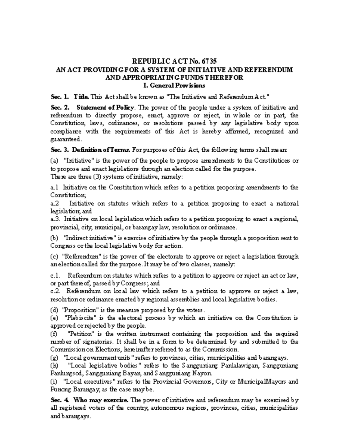 RA 6735 Initiative and Referendum Act: Provisions and Details - Studocu