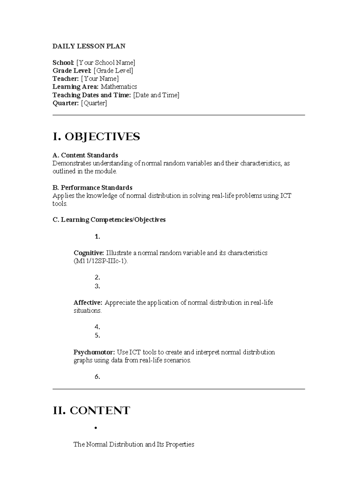 Lesson Plan: Normal Distribution in Stat (M11/12SP-IIIc-1) - Studocu