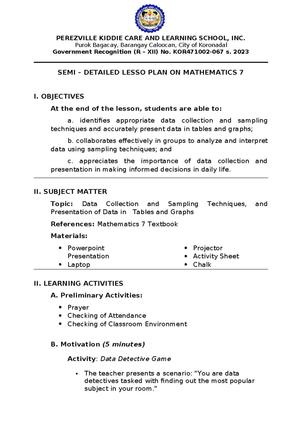MATH 7 Q3 W1 - SEMI DETAILED LESSON PLAN ON DATA COLLECTION - Studocu