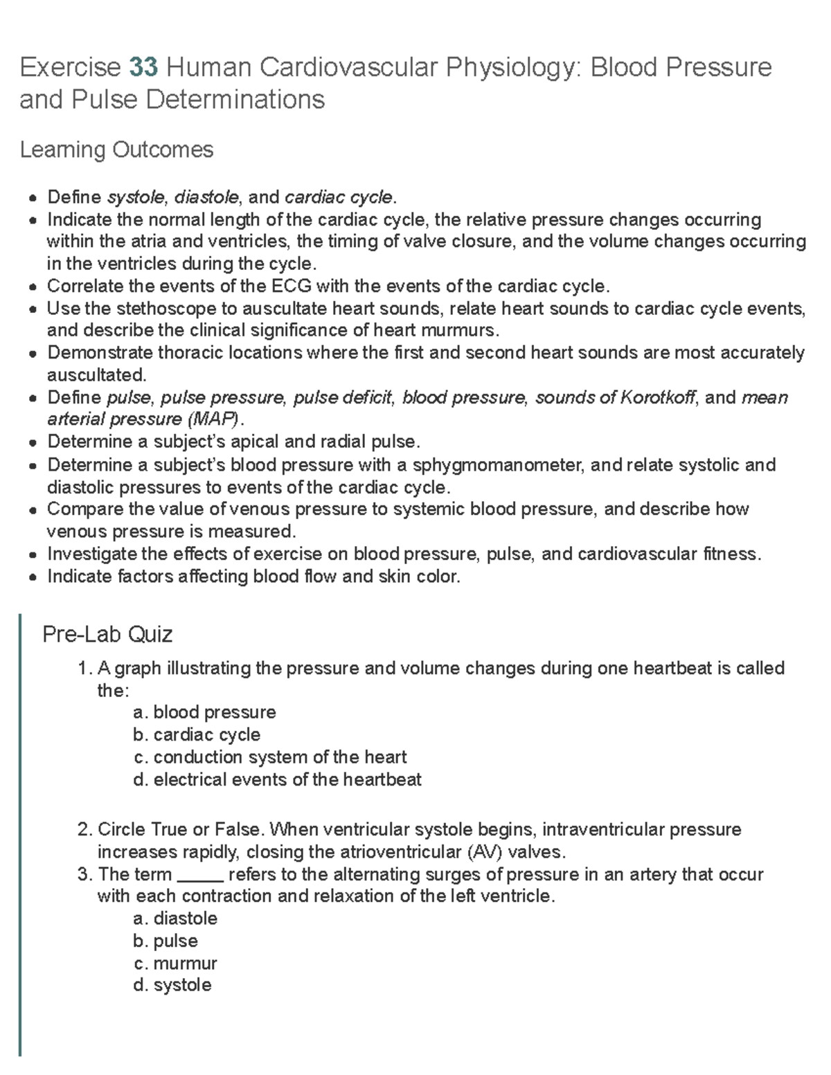 Biol 101 - Pre Lab 33: Quiz on Cardiovascular Physiology & Blood ...