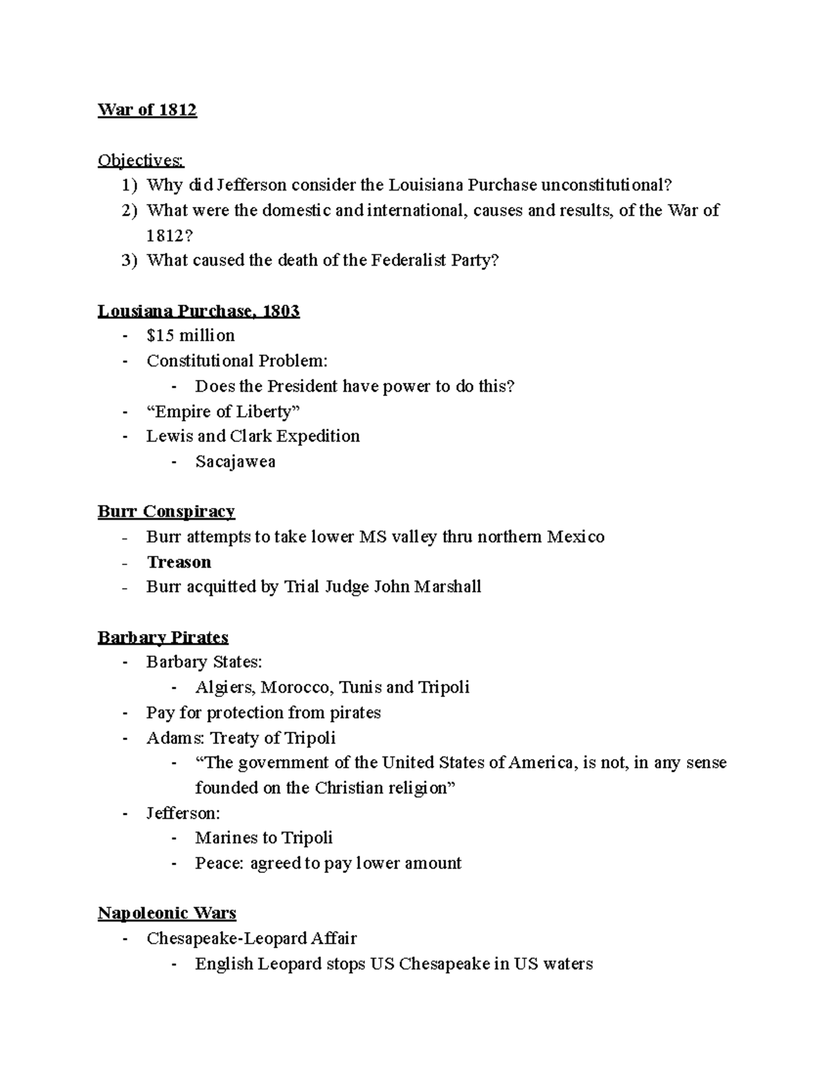 History of the War of 1812 - Lecture Notes for Prof. Gunter - Studocu