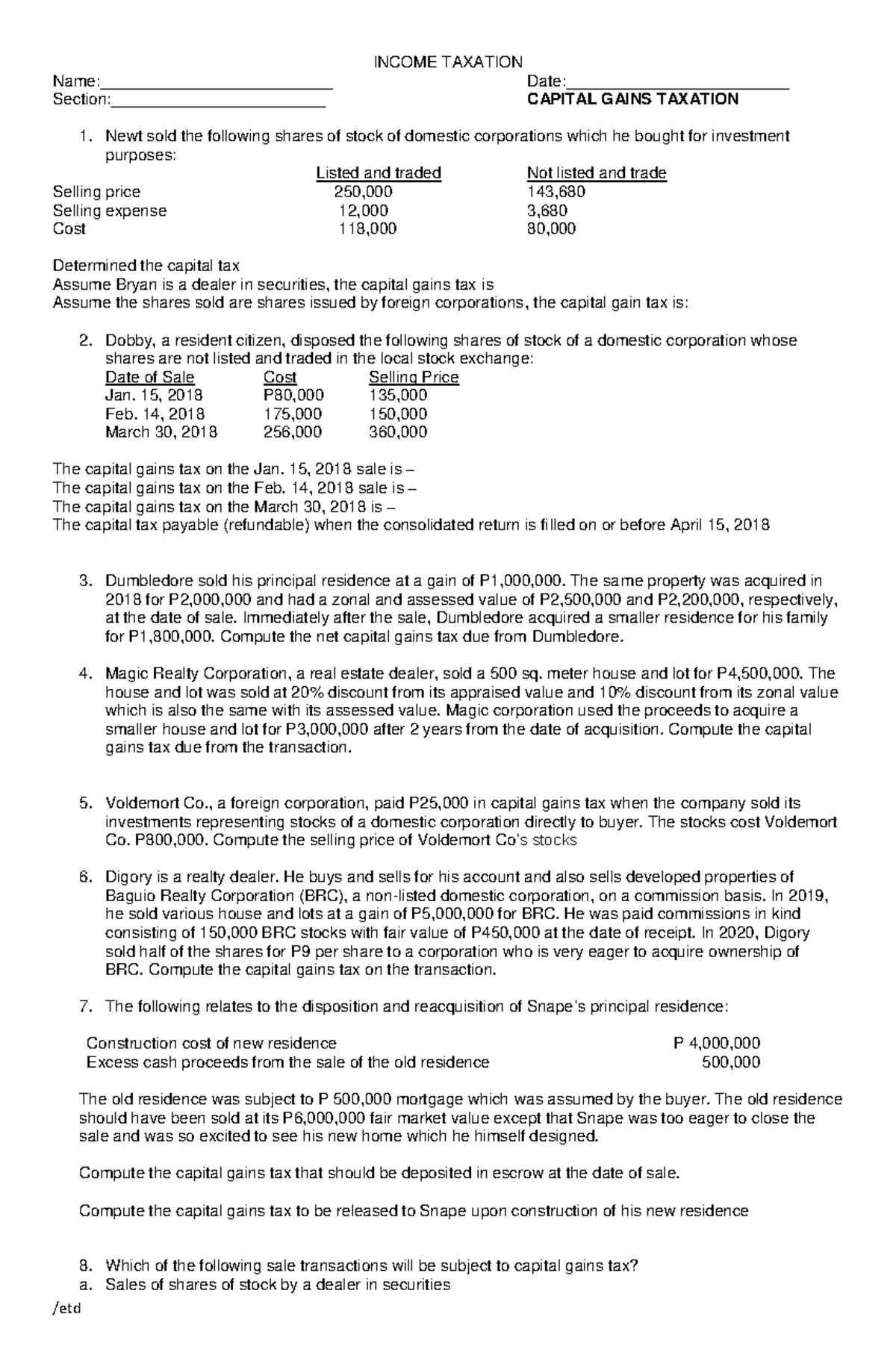 Capital Gains Taxation Practice - /etd INCOME TAXATION Name ...