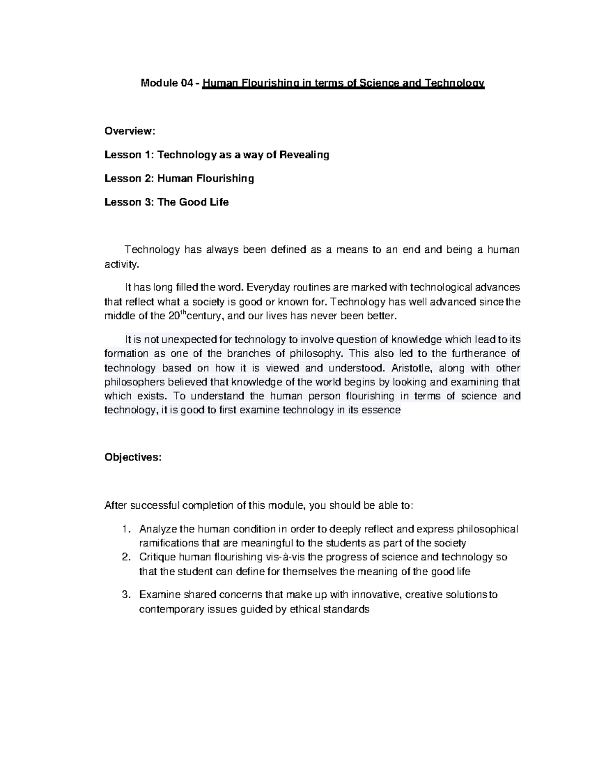 Module 04: Human Flourishing Through Science & Technology - Lessons ...