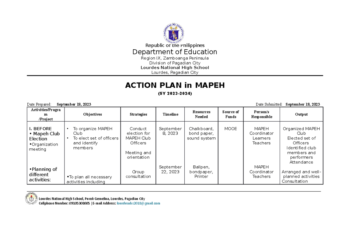 Action Plan in Mapeh edited - Republic of the Philippines Department of ...