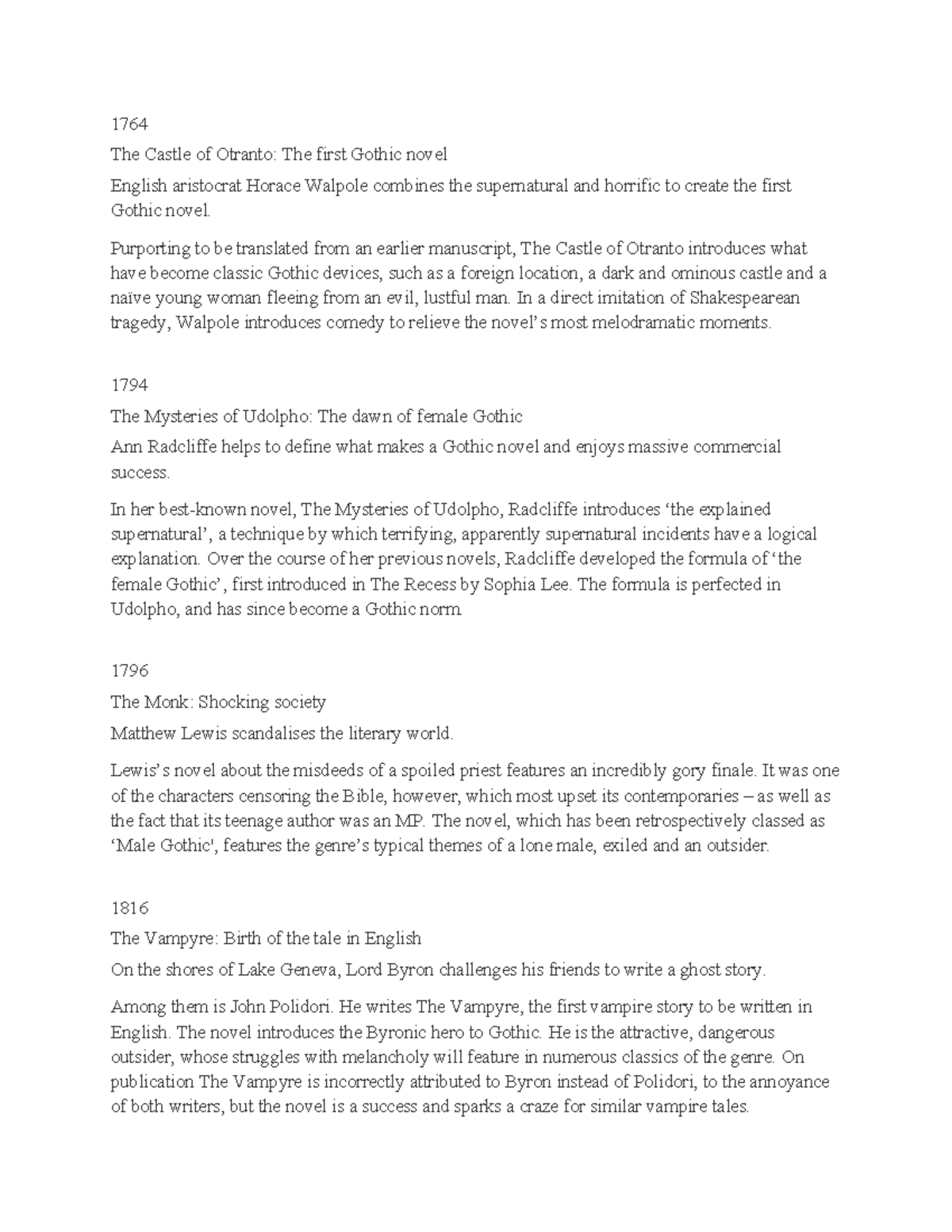 Gothic Literature Timeline: Key Works from 1720 to 21st Century - Studocu