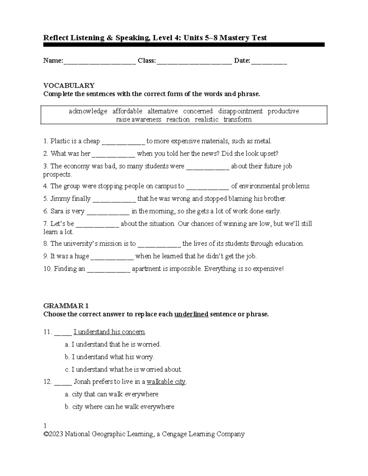 Reflect Listening & Speaking Level 4: Unit 0508 Mastery Test Answer Key ...