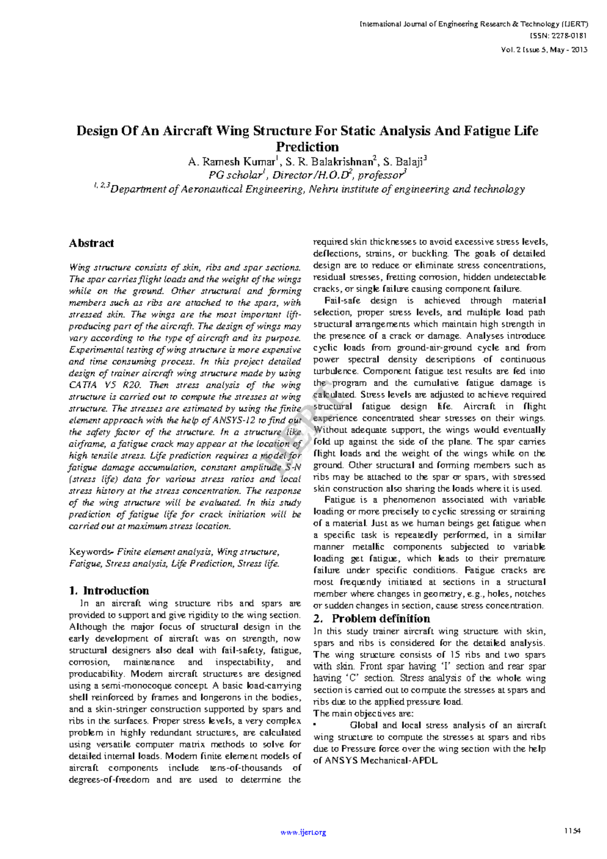 Design of Aircraft Wing Structure: Static Analysis & Fatigue Life ...