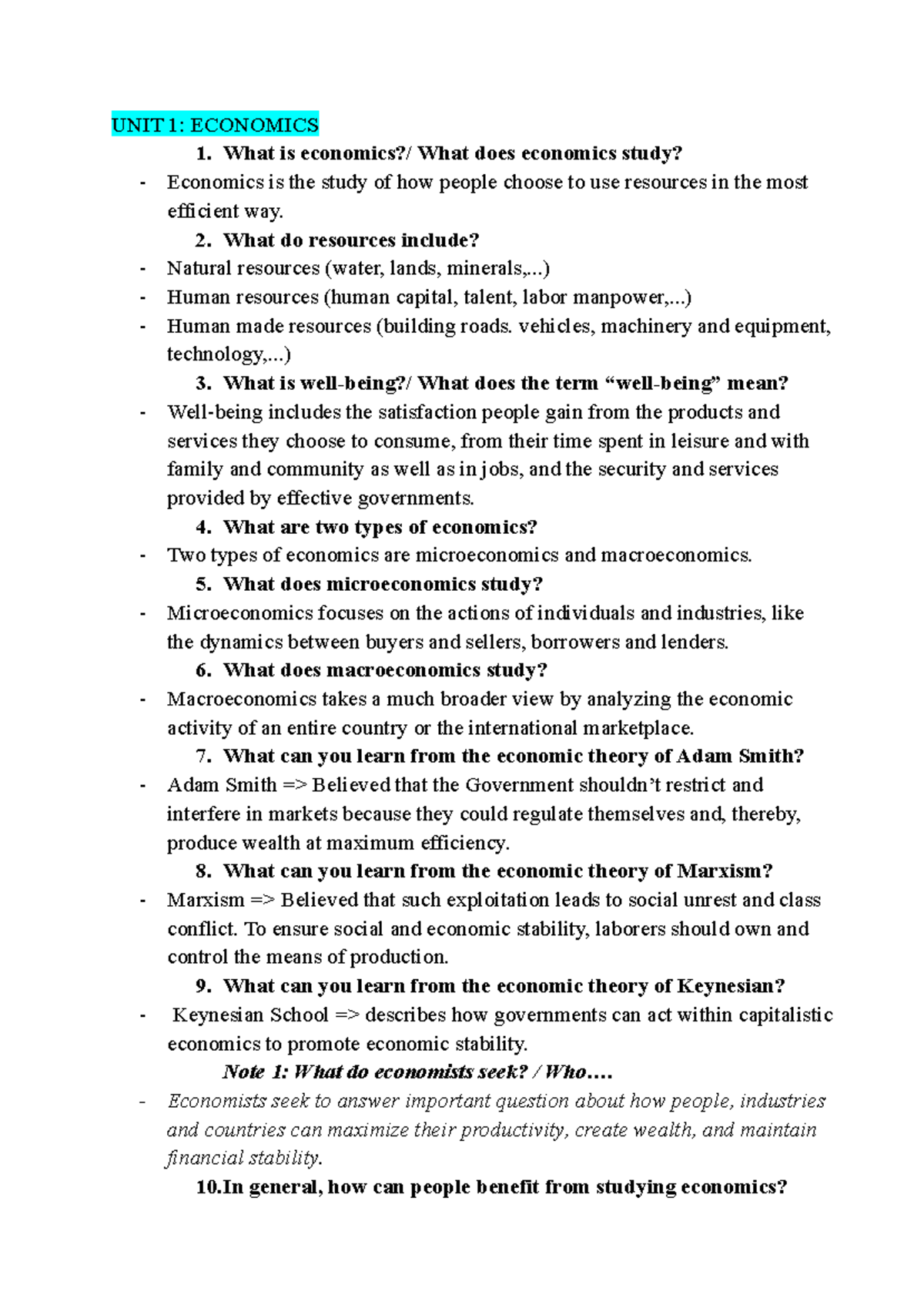 TACN1 - ádfvasdv - UNIT 1: ECONOMICS 1. What is economics?/ What does ...