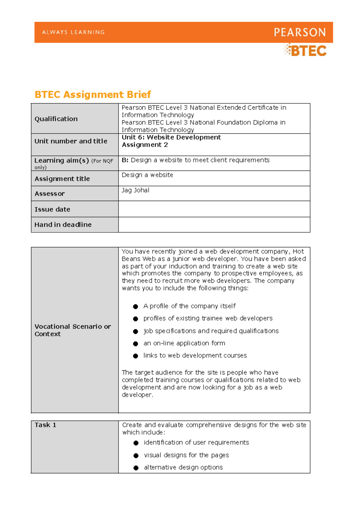 Unit 6 - Website Development - BTEC - Assignment 2 Overview - Studocu