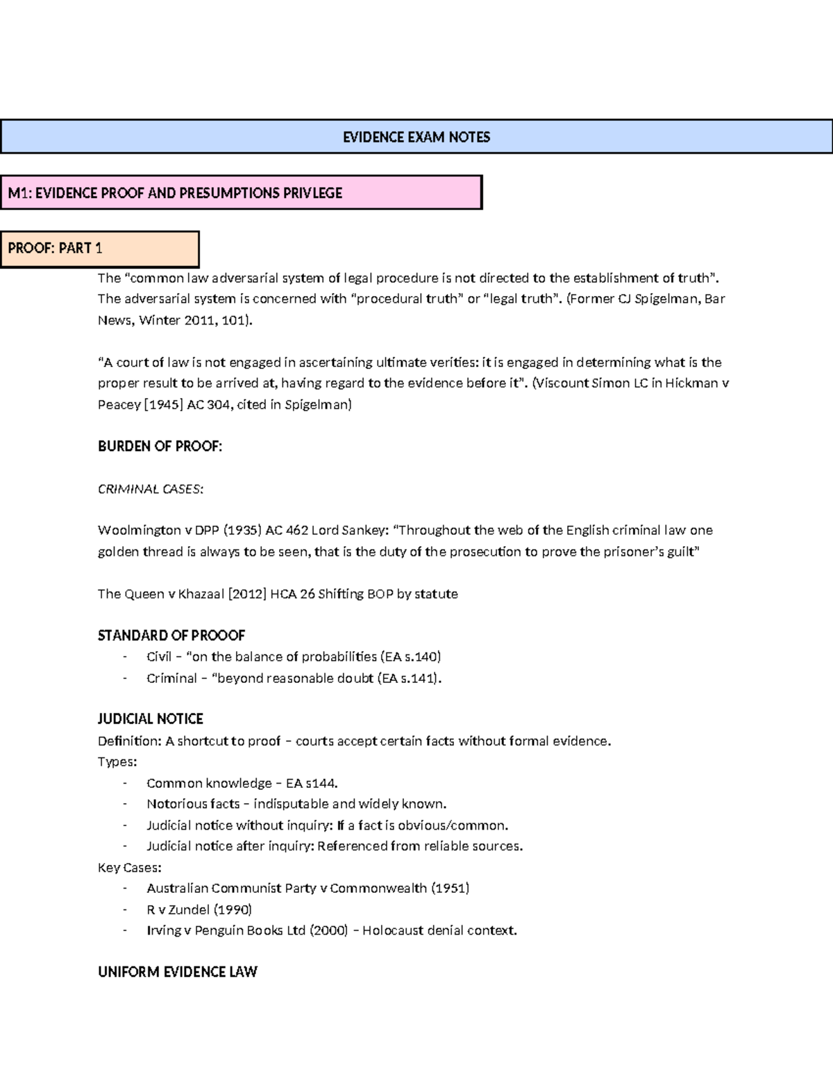 EVIDENCE EXAM NOTES M1: PROOF, PRESUMPTIONS & PRIVILEGE PART 1 - Studocu