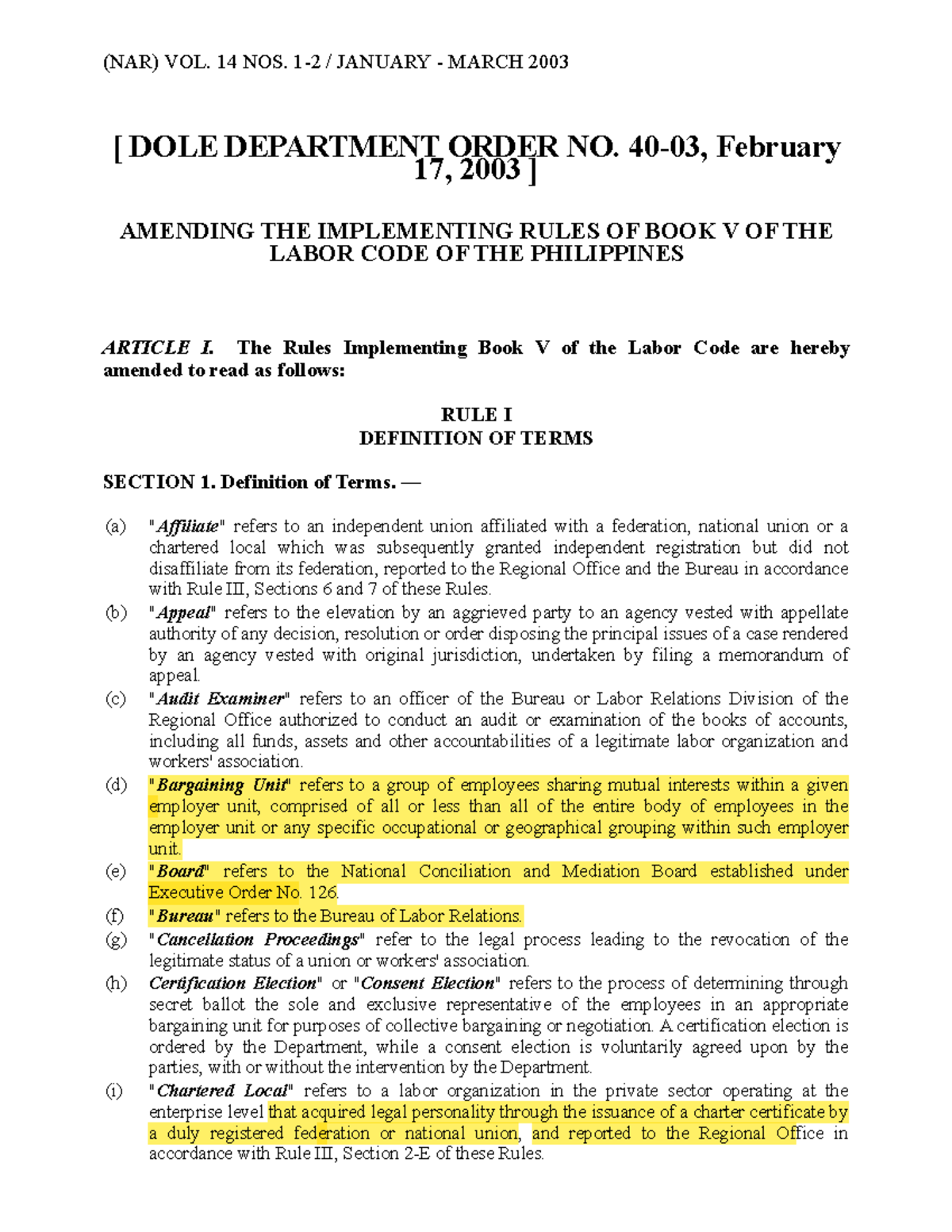LAW - DOLE DO No. 40-03 (2003) IRR of Labor Relations Book V - Studocu