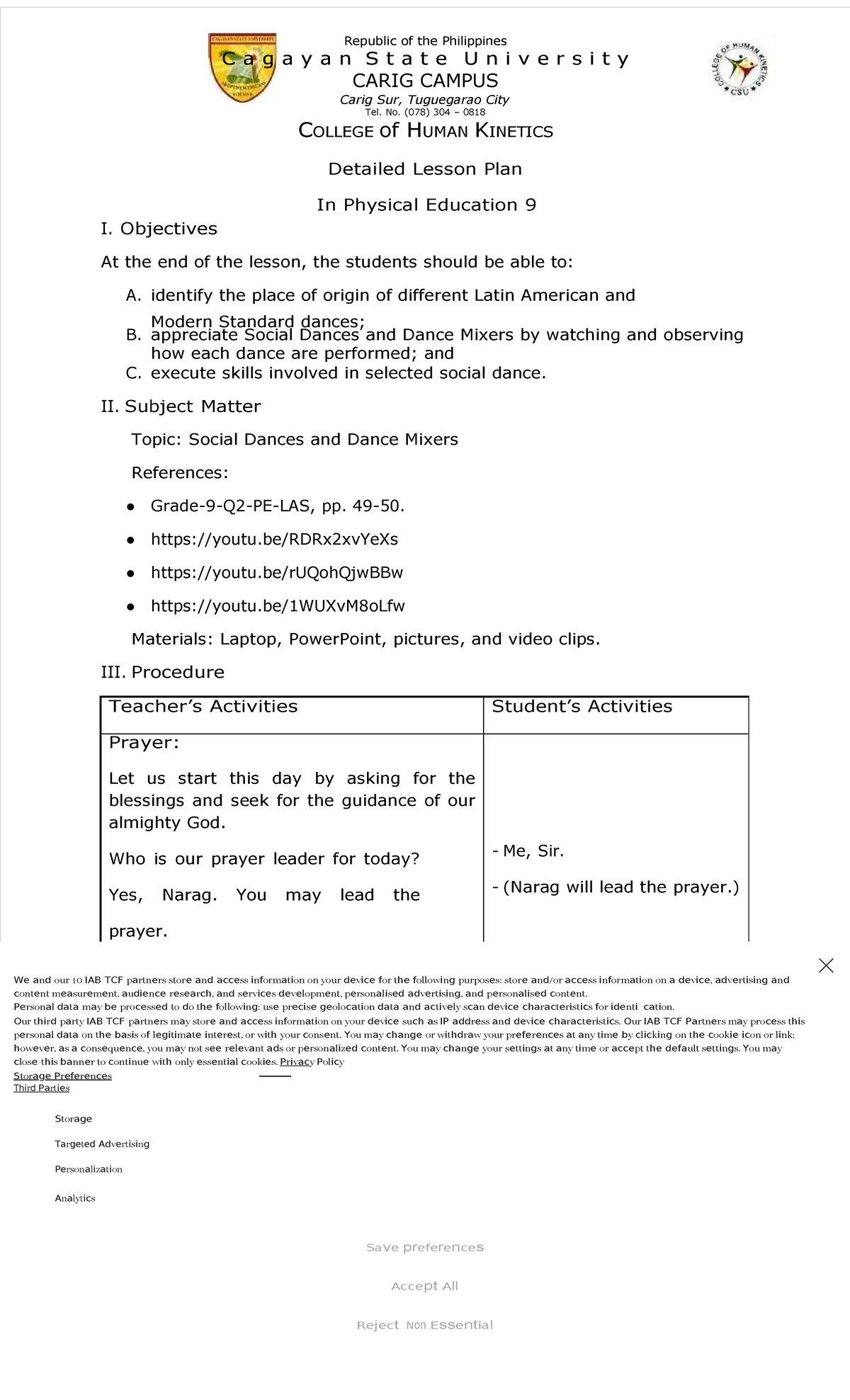 Detailed Lesson Plan in PE 9: Social Dances & Dance Mixers - Studocu