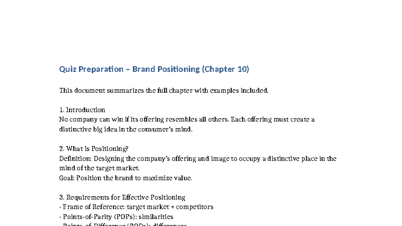 Quiz Preparation: Brand Positioning Summary (Chapter 10) - Studocu