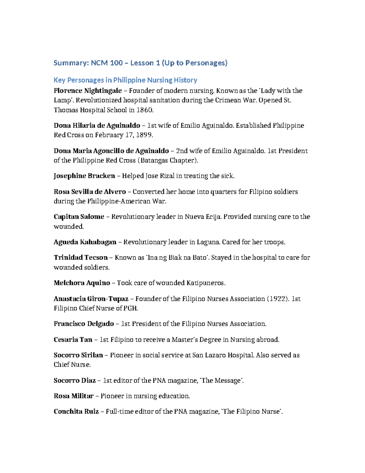 NCM 100 Lesson 1 Summary: Key Personages in Philippine Nursing History - Studocu