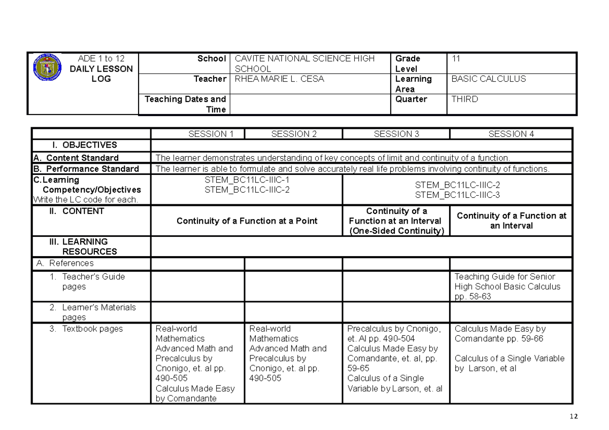 Calculus DLL WEEK 3 - ADE 1 to 12 DAILY LESSON LOG School CAVITE ...