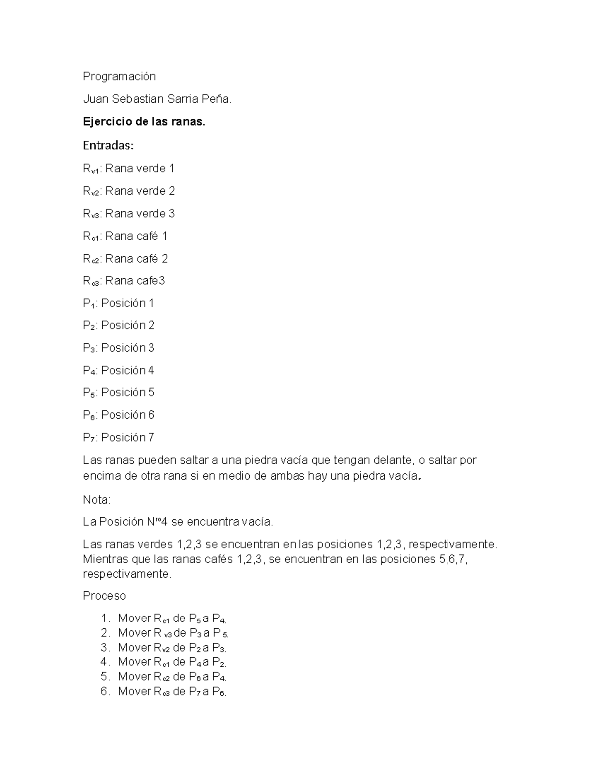 Taller 1 Progra - Programación Juan Sebastian Sarria Peña. Ejercicio de las ranas. Entradas: Rv1 ...