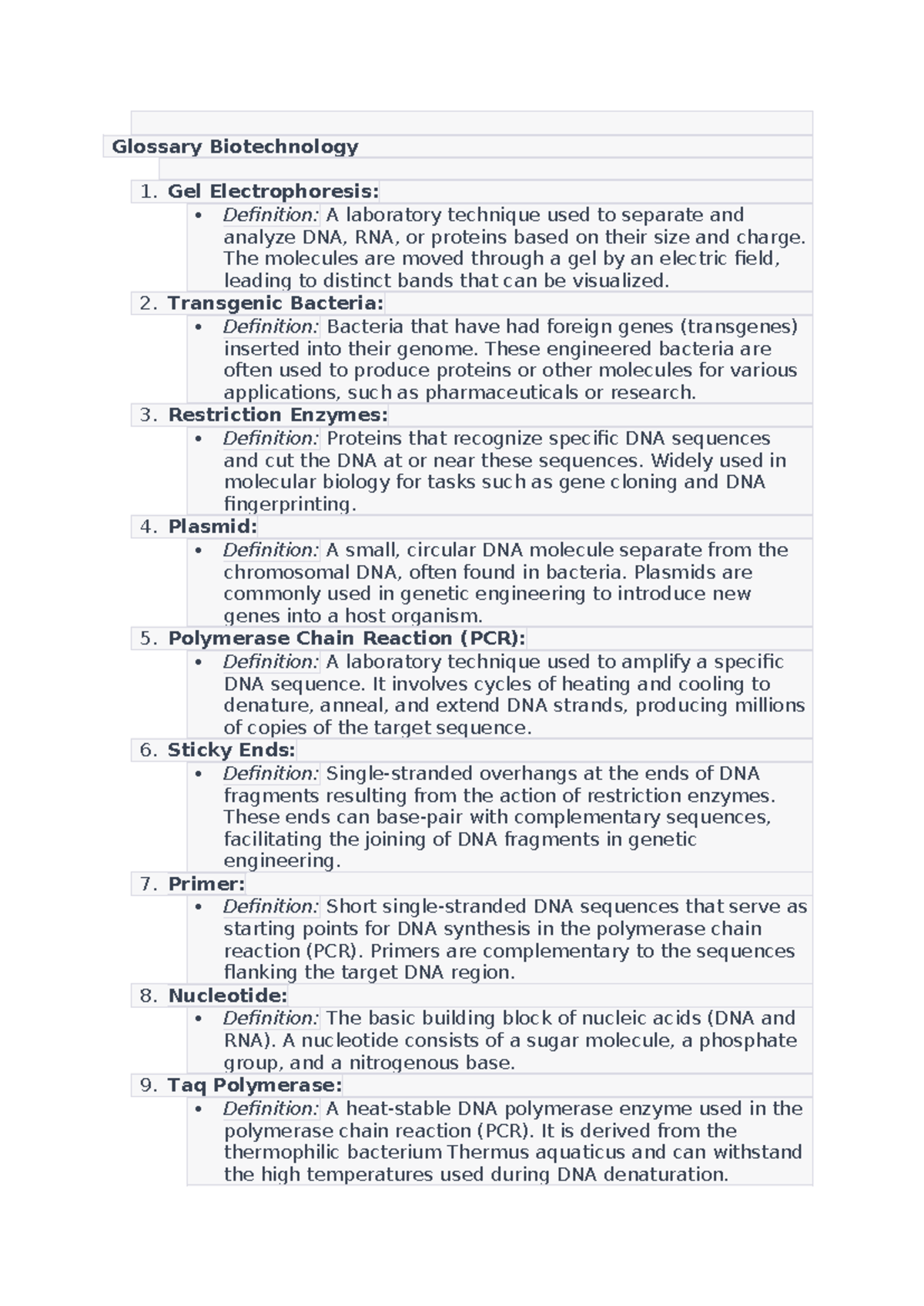 HSC Biology Glossary: Key Terms in Biotechnology Concepts - Studocu