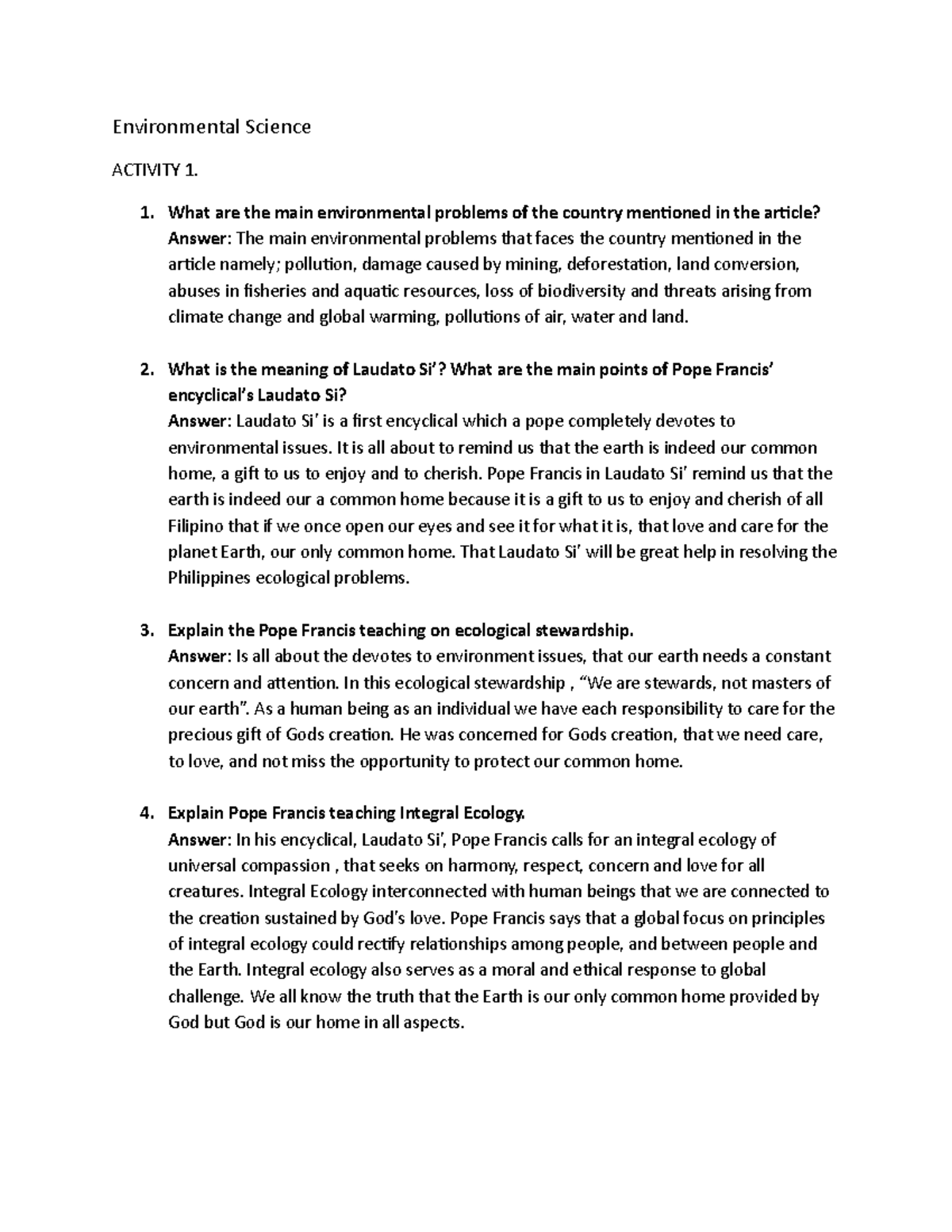 Environmental Science - Environmental Science ACTIVITY 1. What are the ...