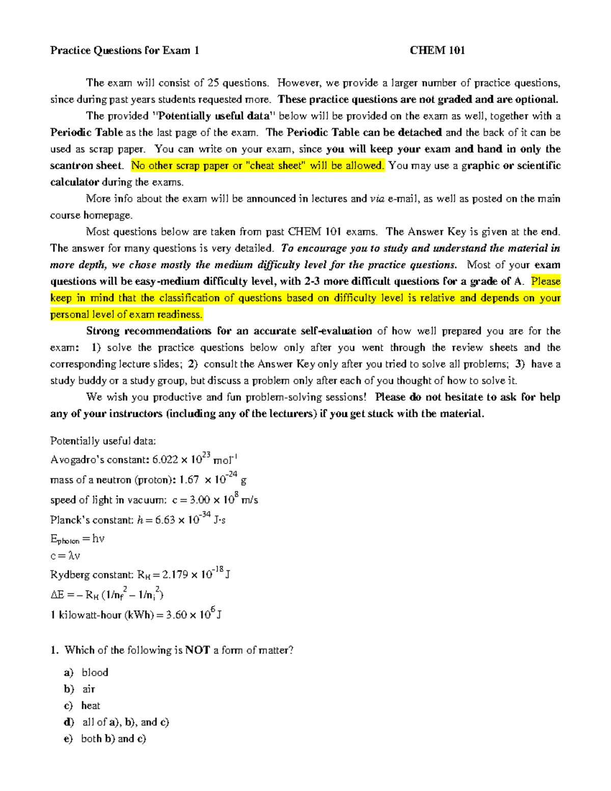 Practice Questions for CHEM 101 Exam 1 Preparation - Studocu