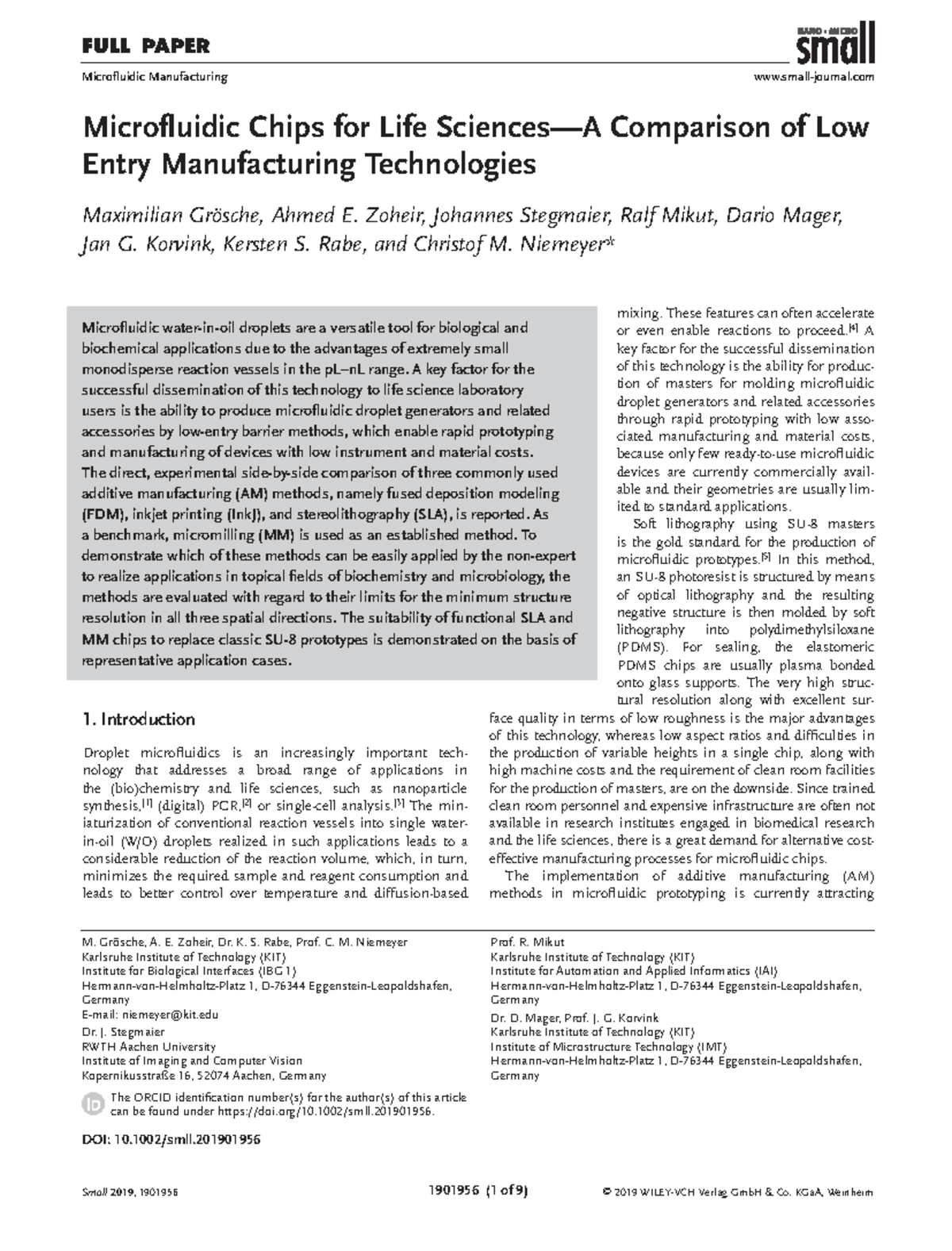 Microfluidic Manufacturing Techniques for Life Sciences: A Comparative ...