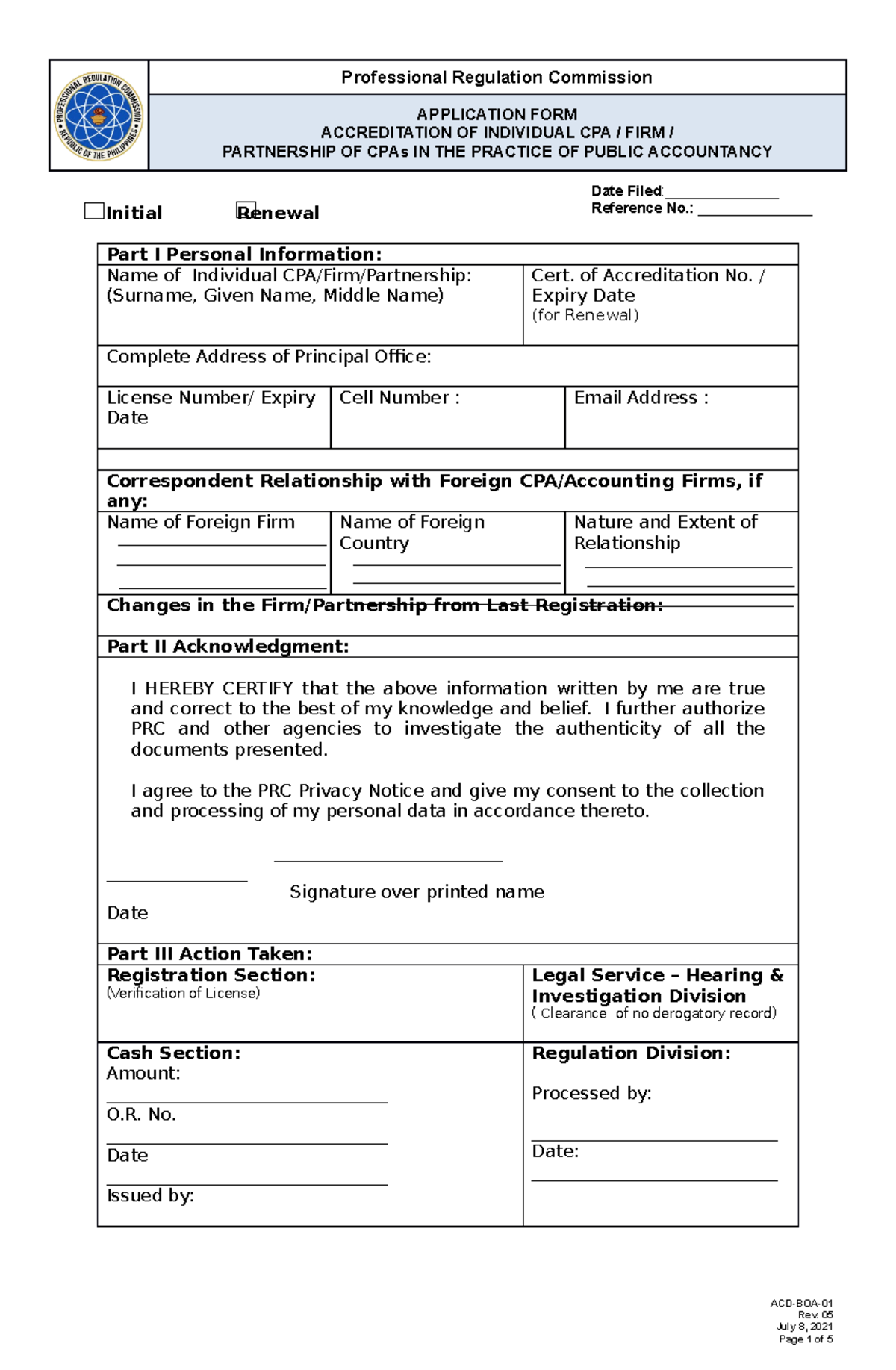 BOA1 Rev 05: Application Form for CPA Firm Accreditation 2021 - Studocu