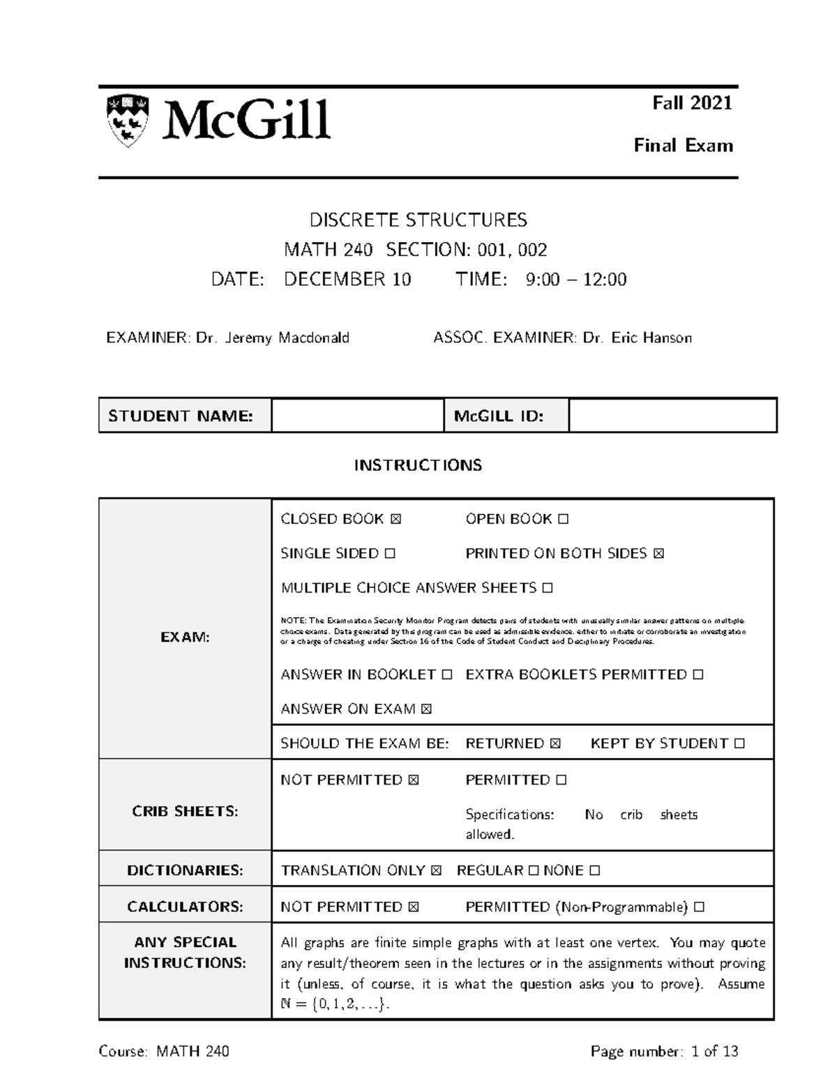 MATH 240 Final Exam Review - Discrete Structures Fall 2021 - Studocu