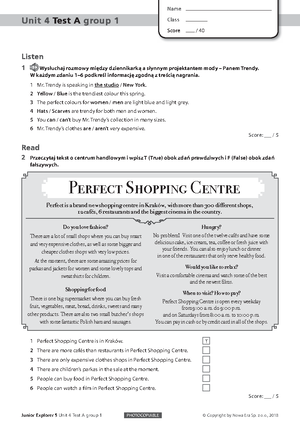 Klasa 4 Unit 4 test - test - Name ...