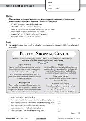 Klasa 4 Unit 4 Test - Listening, Vocabulary, Grammar, Reading - Studocu