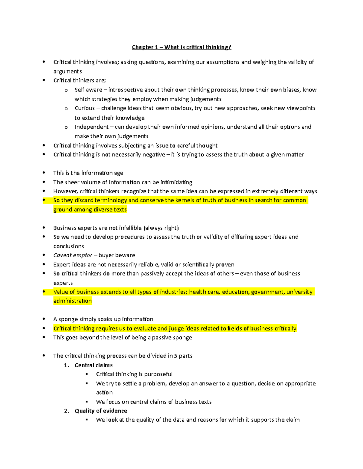 Dyer - Chapter 1 - Notes - Chapter 1 What is critical thinking ...