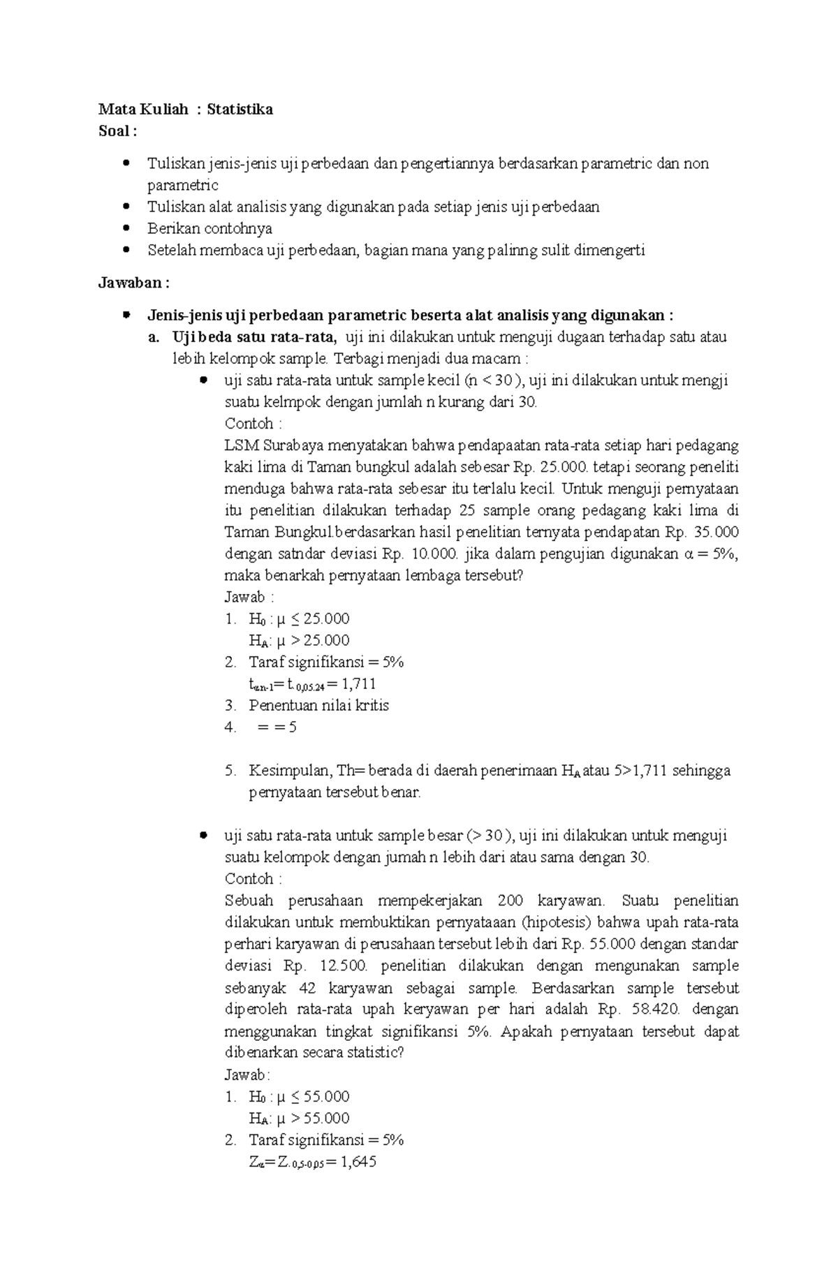 Latihan Uji Parametrik & Non Parametrik - Statistika (Tugas) - Studocu