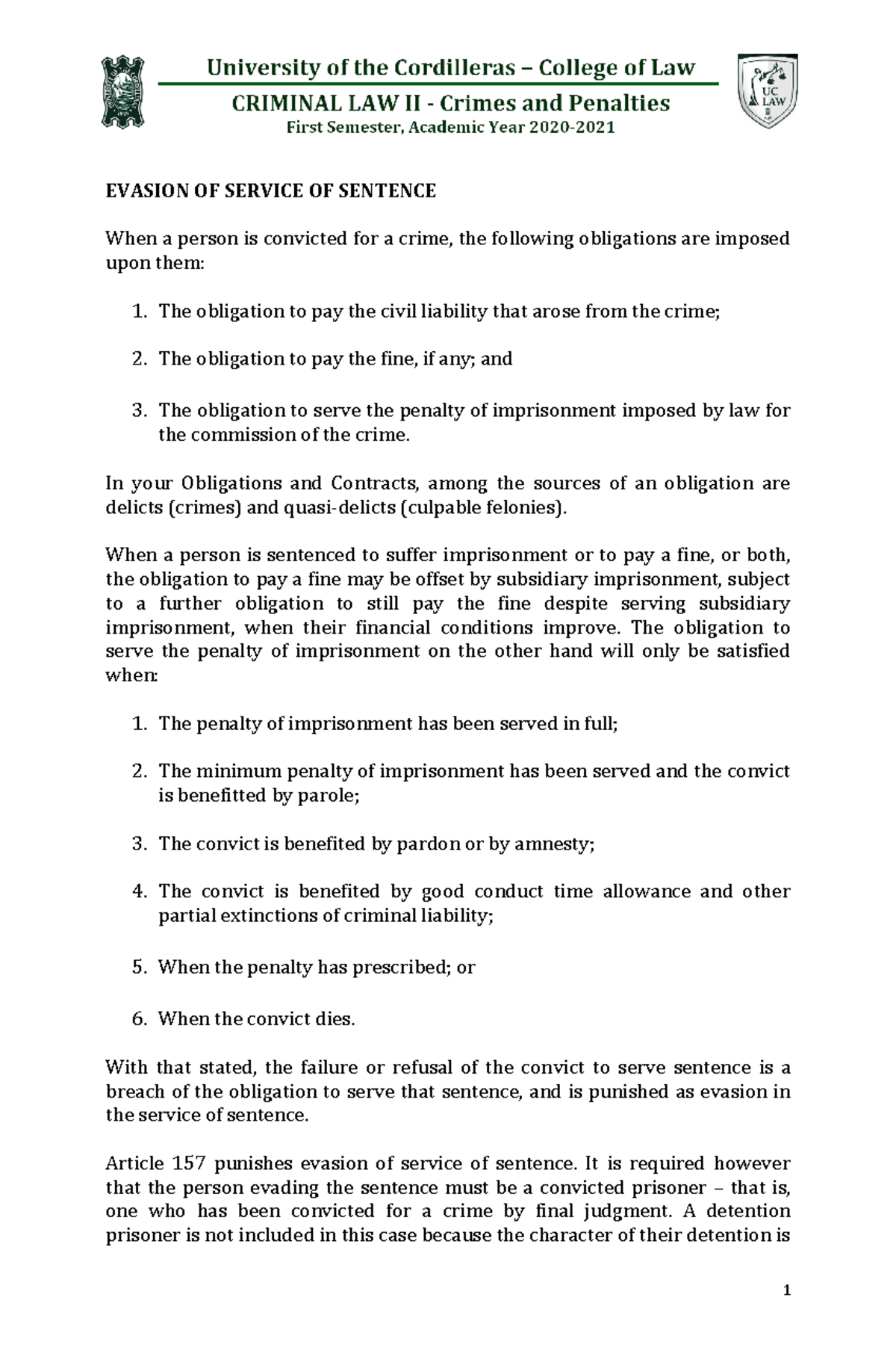 Evasion of Service of Sentence - EVASION OF SERVICE OF SENTENCE When a ...