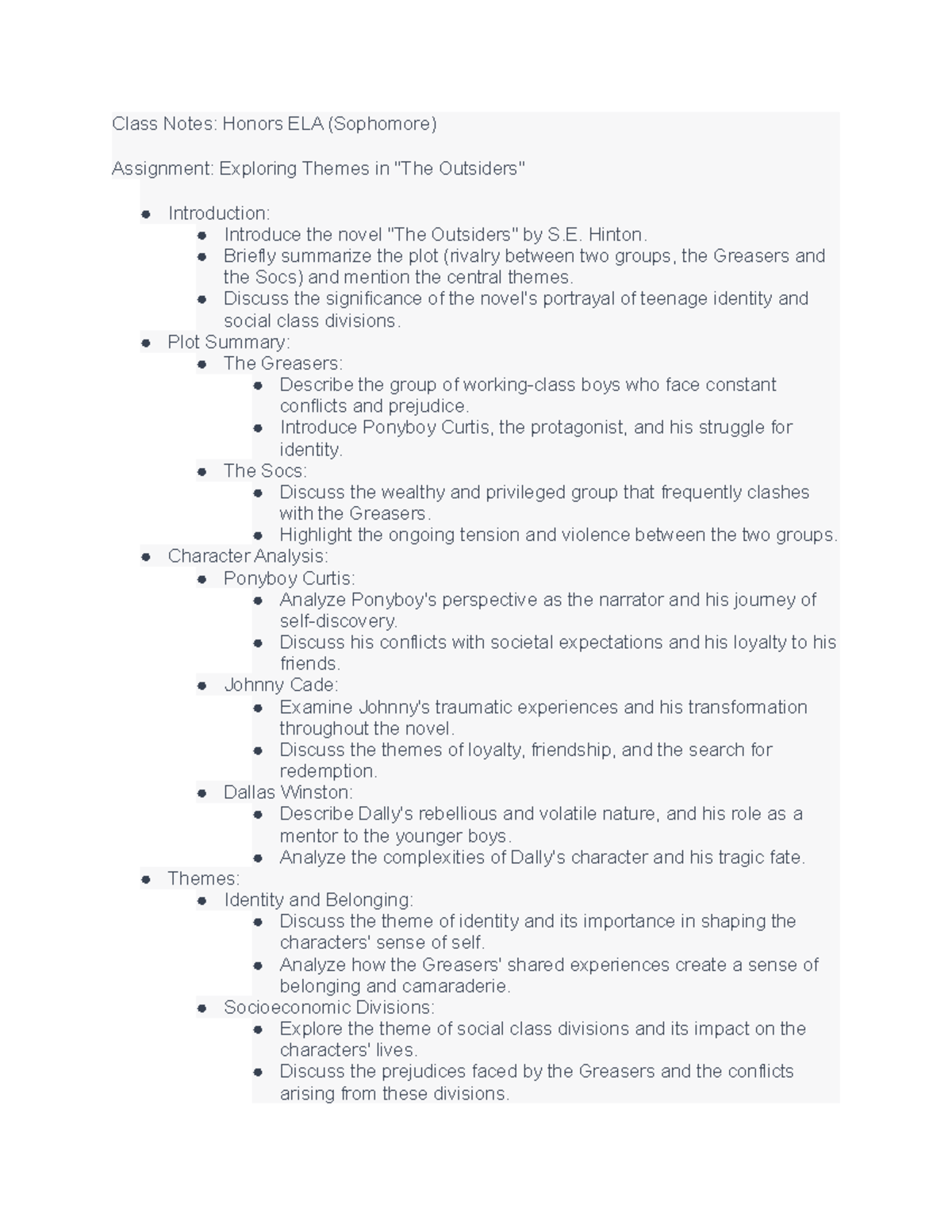 ELA notes - Class Notes: Honors ELA (Sophomore) Assignment: Exploring ...