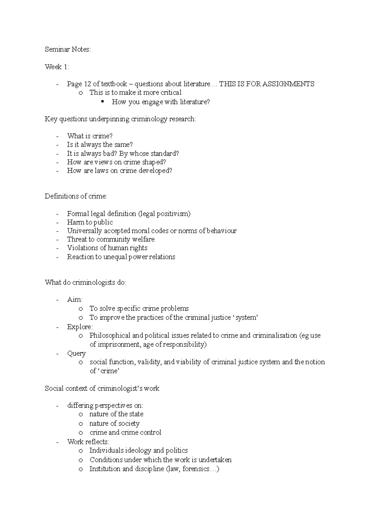 Criminology Notes: Seminar Week 1 - Key Concepts and Theories - Studocu