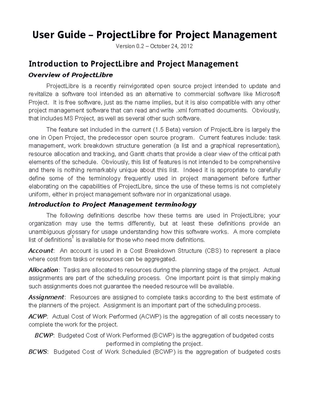 User Guide for Project Management: ProjectLibre Manual (v0.2) - Studocu