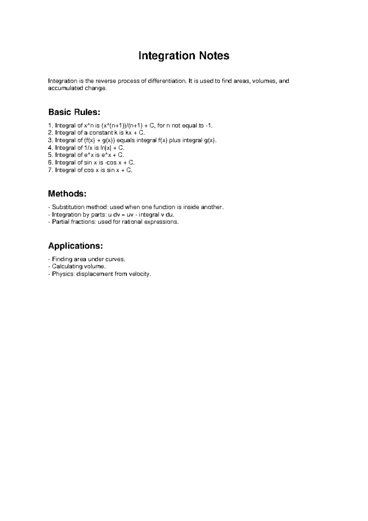 MATH 101: Integration Notes and Basic Rules for Calculus - Studocu