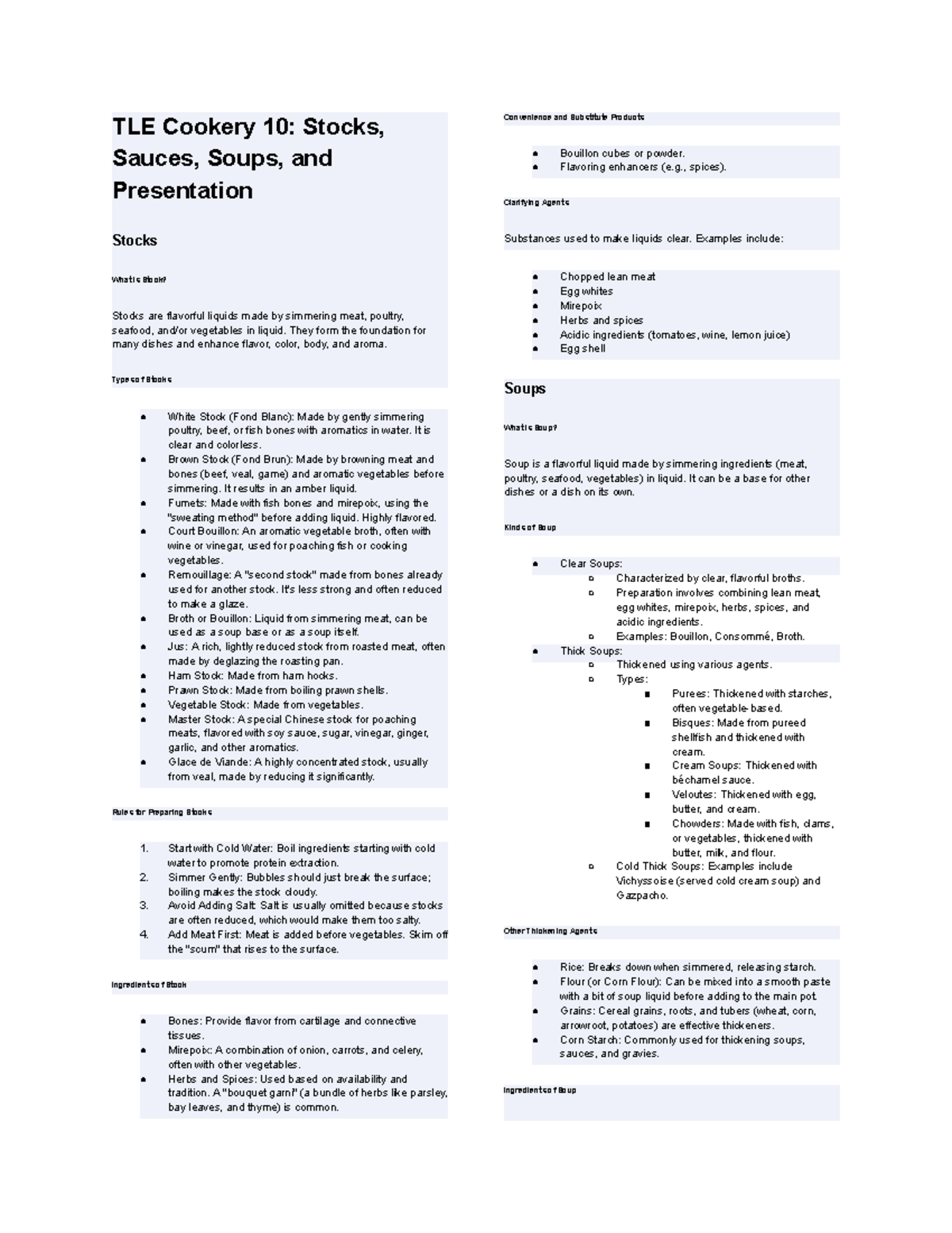 TLE Cookery 10: Comprehensive Guide to Stocks, Sauces, and Soups - Studocu