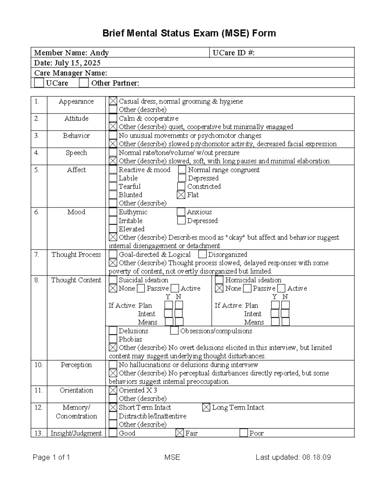 MSE Form for Andy - Brief Mental Status Exam (MSE) - Studocu
