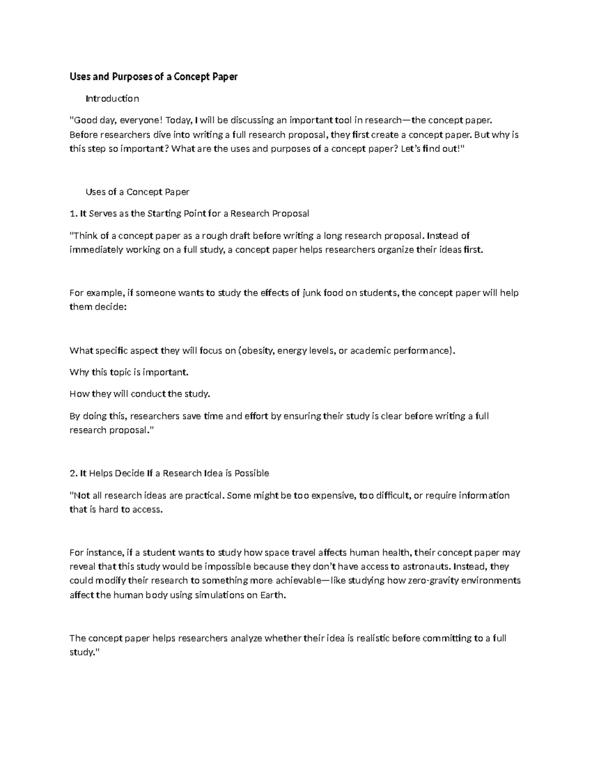 Concept Paper Overview: Uses and Purposes in Research - Studocu