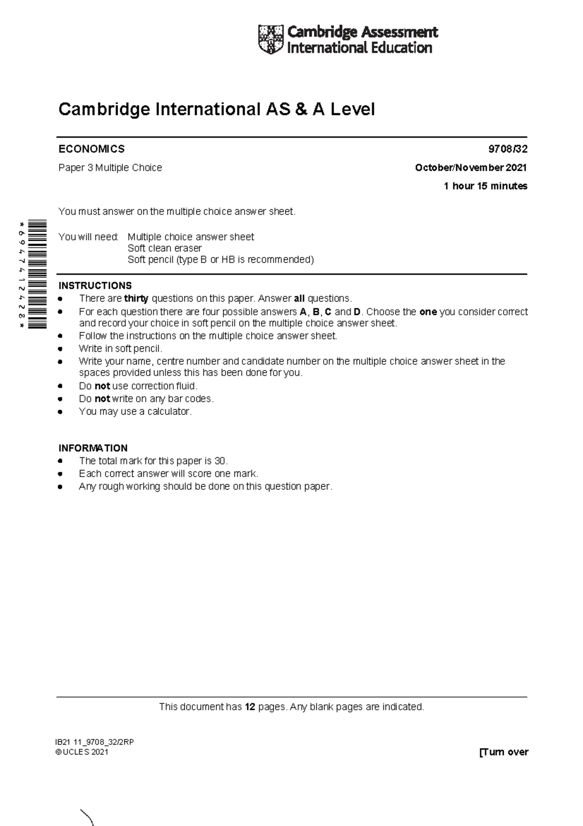 Cambridge International AS A Level ECONOMICS Paper 3 MCQ Past Paper ...