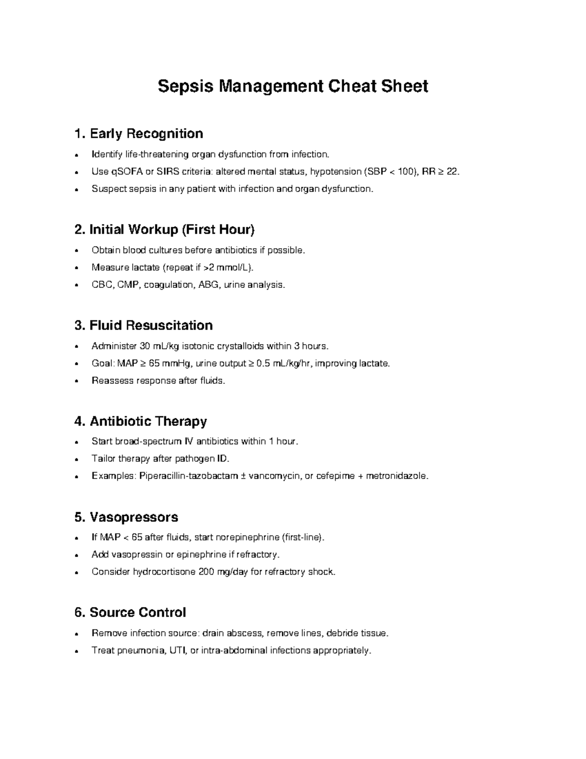 Sepsis Management Cheat Sheet: Quick Reference Guide - Studocu