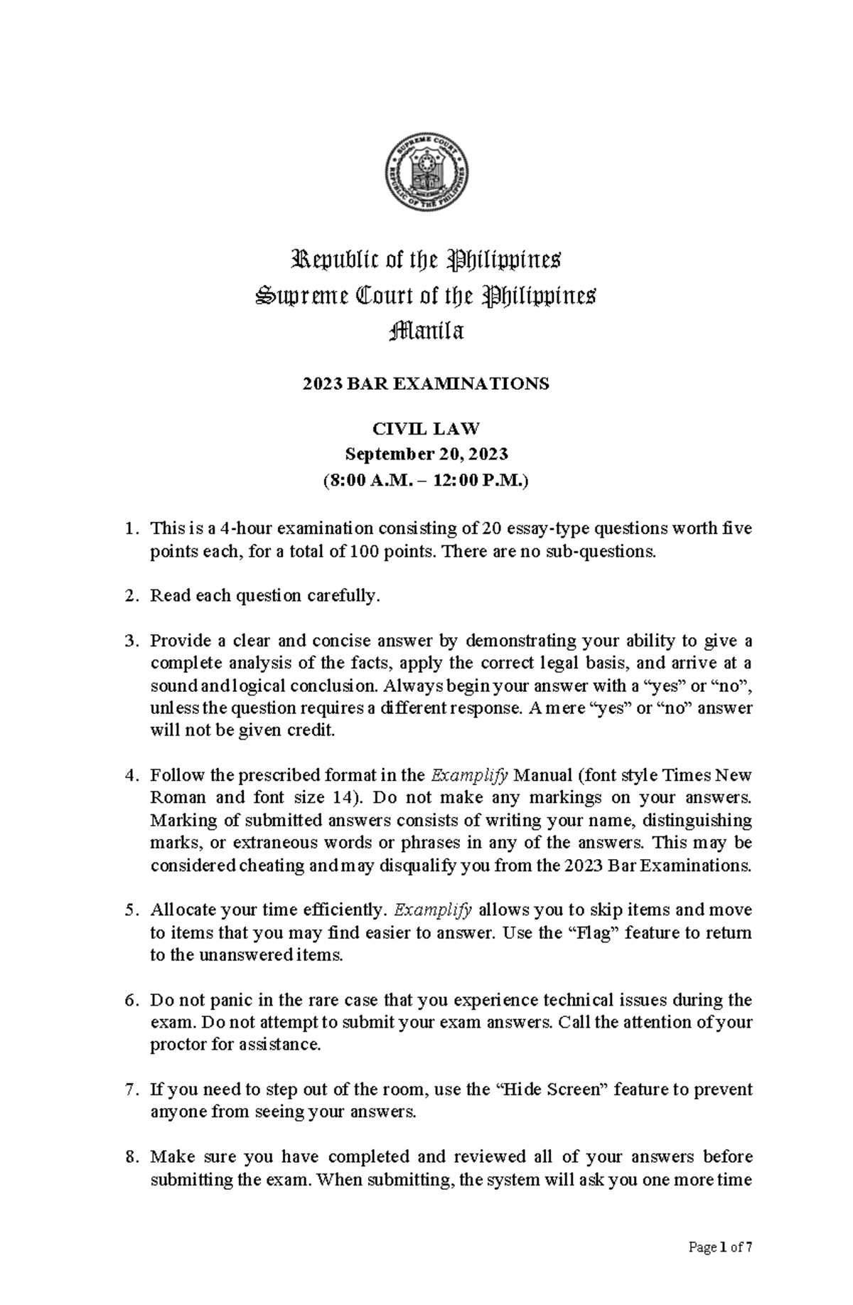 2023 BAR EXAM - CIVIL LAW Questions and Guidelines - Studocu
