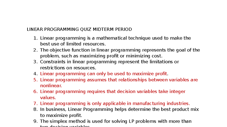 Linear Programming QUIZ Midterm Period - LINEAR PROGRAMMING QUIZ ...