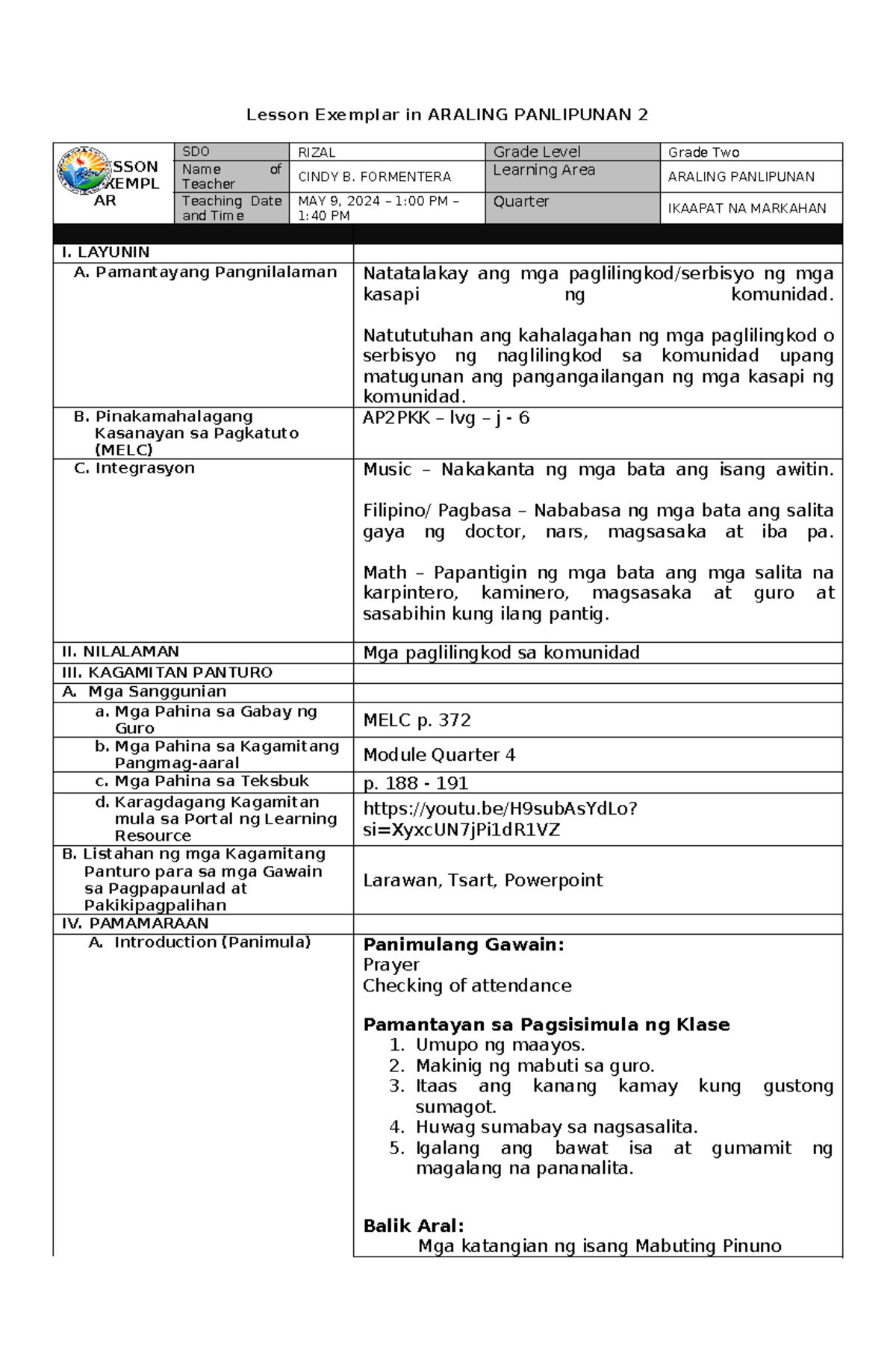 COT4-LE-AP - Sample Lesson Plan for Araling Panlipunan 2 - Studocu
