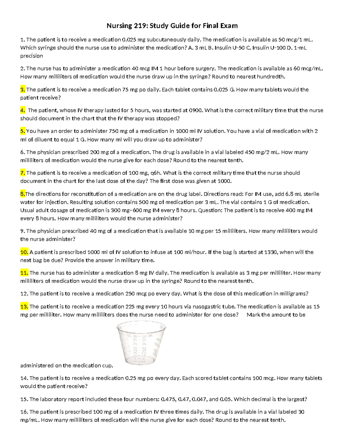 Nursing 219: Final Exam Study Guide for Medication Calculations - Studocu