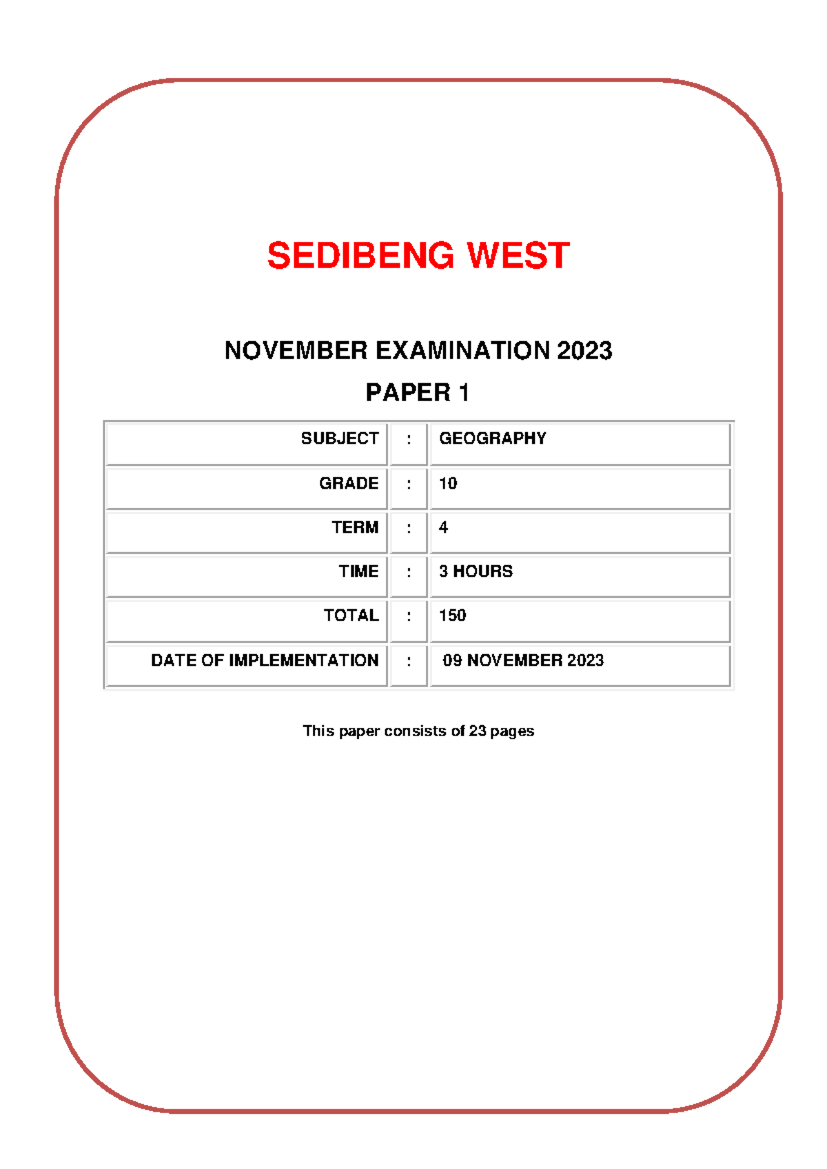 Geography Grade 10 P1 November Exam Paper 2023 - Studocu