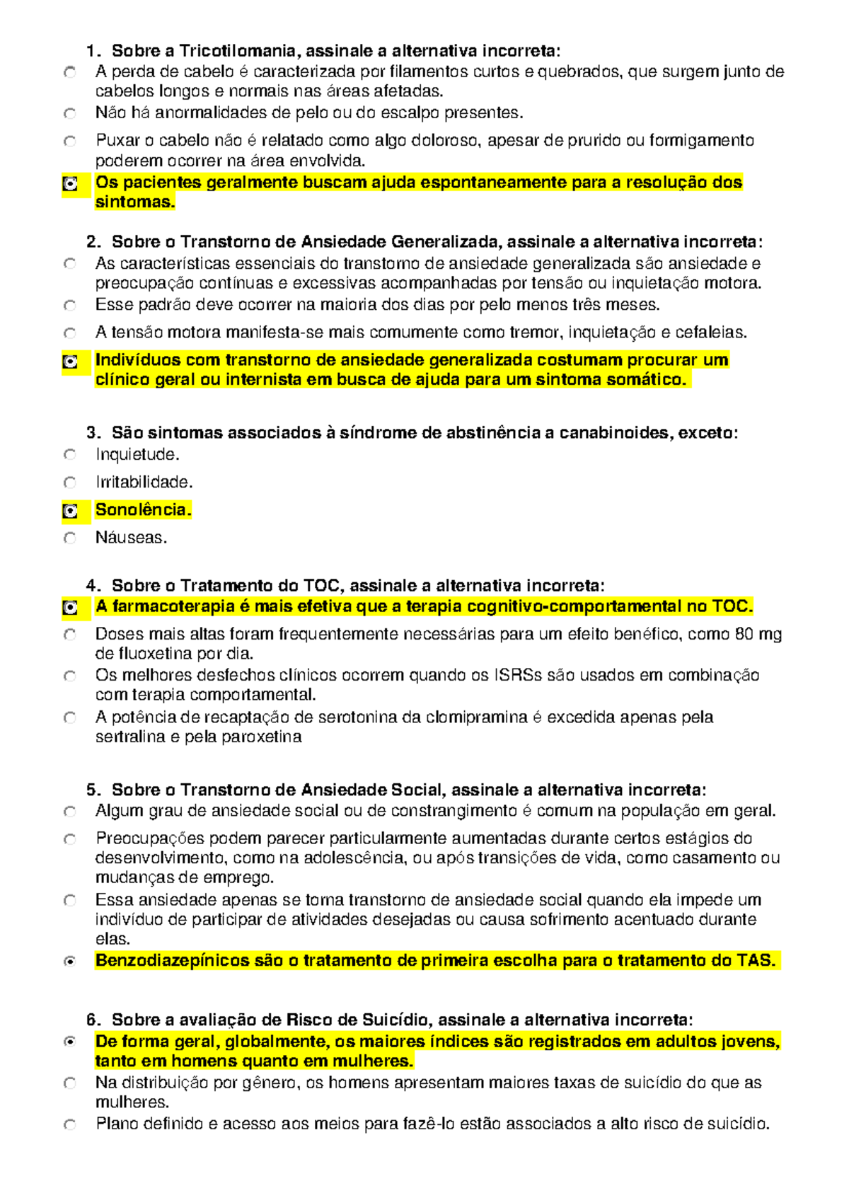Prova 2 Psiqui: Questões sobre Transtornos e Tratamentos - Studocu