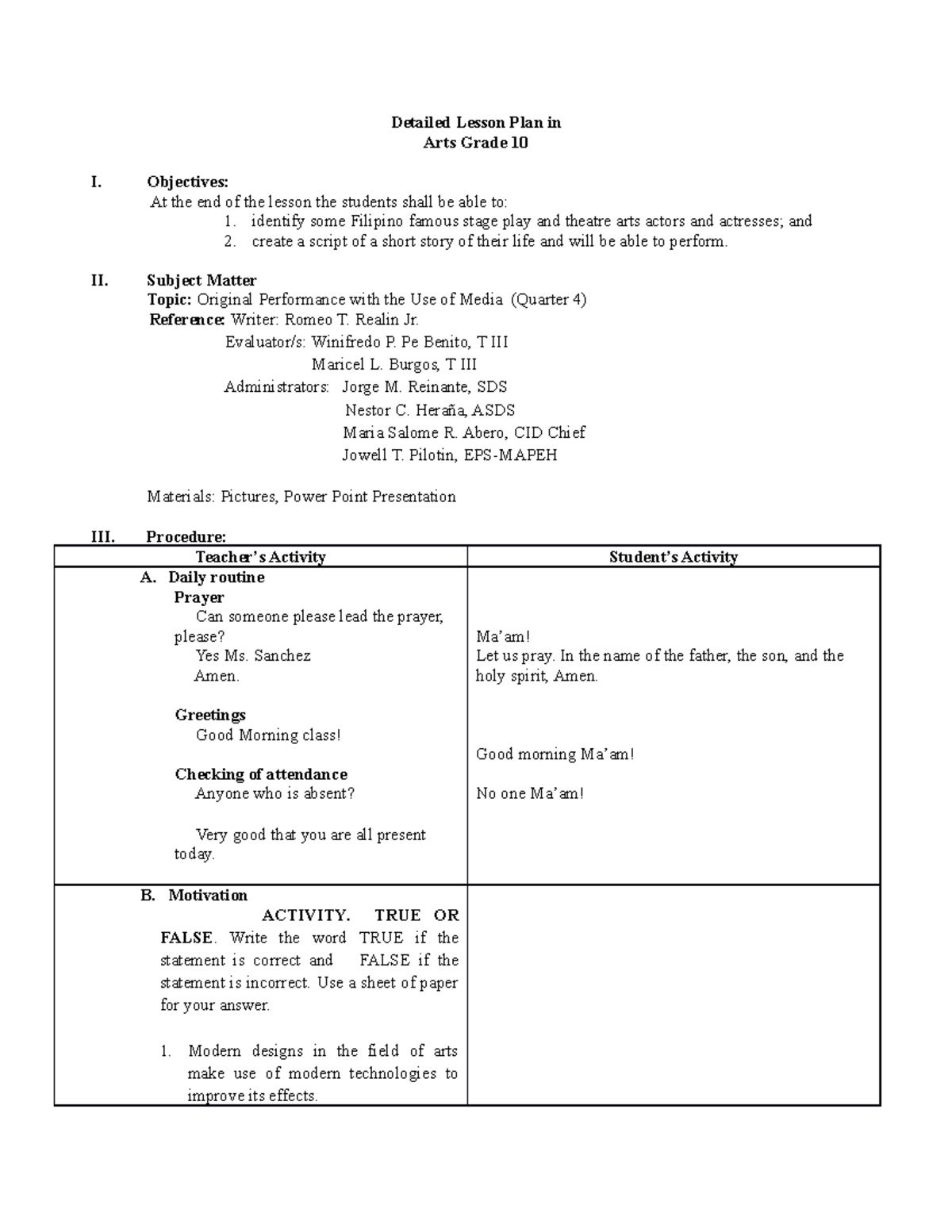 DLP-ARTS-10 - Grade 10 Arts Detailed Lesson Plan on Theatre - Studocu