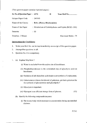 B.SC (HONS) II Biochemistry Paper IX ( Metabolism OF Carbohydrates AND ...