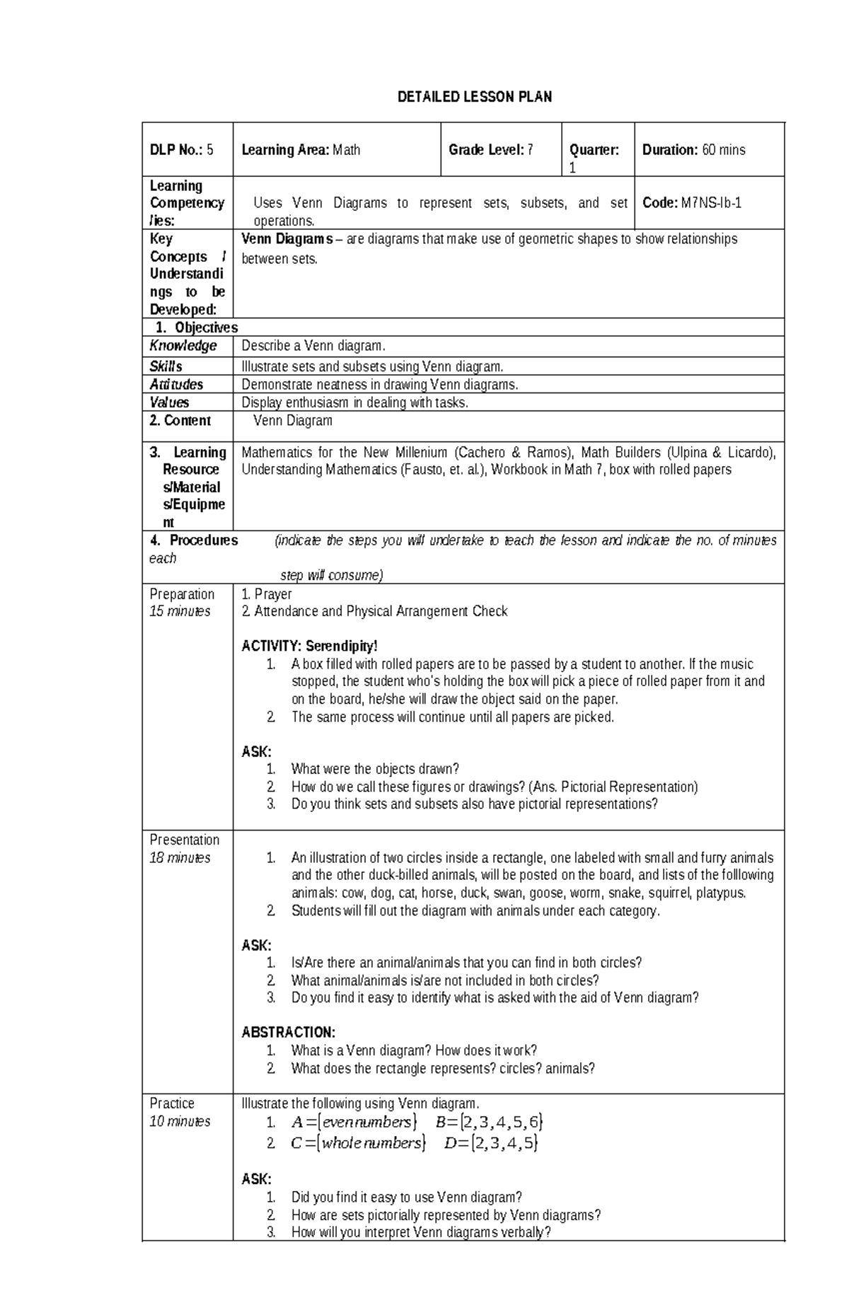DLP 5: Detailed Lesson Plan on Venn Diagrams for Math 7, Q1 - Studocu