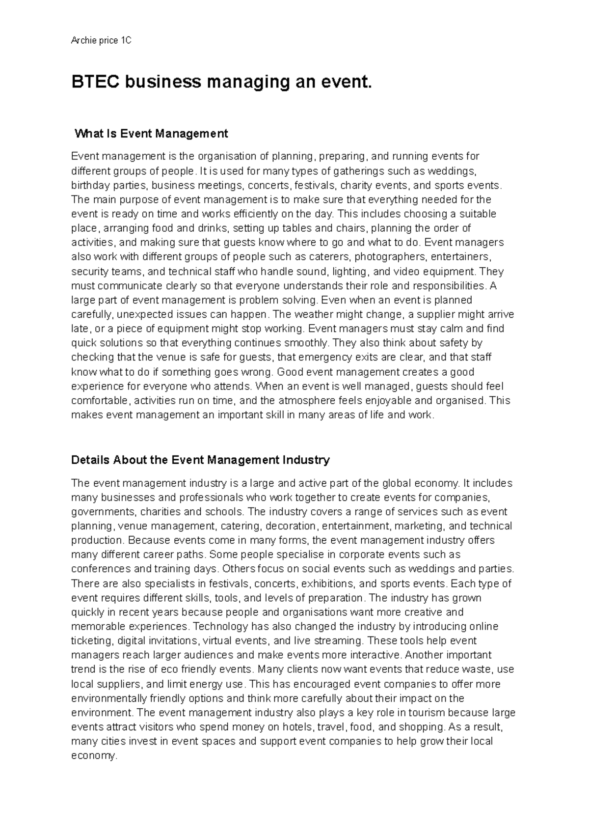 BTEC Business 1C: Managing Events - Skills & Responsibilities Overview ...
